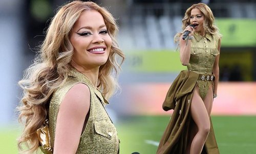Rita Ora puts on a leggy display in a shimmering khaki bodysuit as she ... Rita Ora puts on a leggy display in a shimmering khaki bodysuit as she ...
