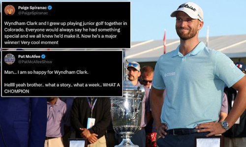Paige Spiranac, Pat McAfee and Skip Bayless congratulate Wyndham Clark after he won his first ...