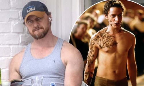 James McAvoy shows off his bulging biceps in a grey vest as he displays ...