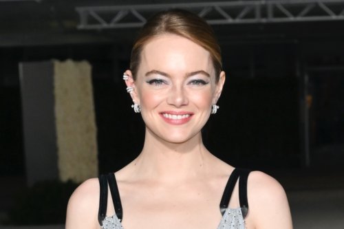 Emma Stone Shines in Sheer Pearl Minidress, Lace Tights and Satin Pumps ...