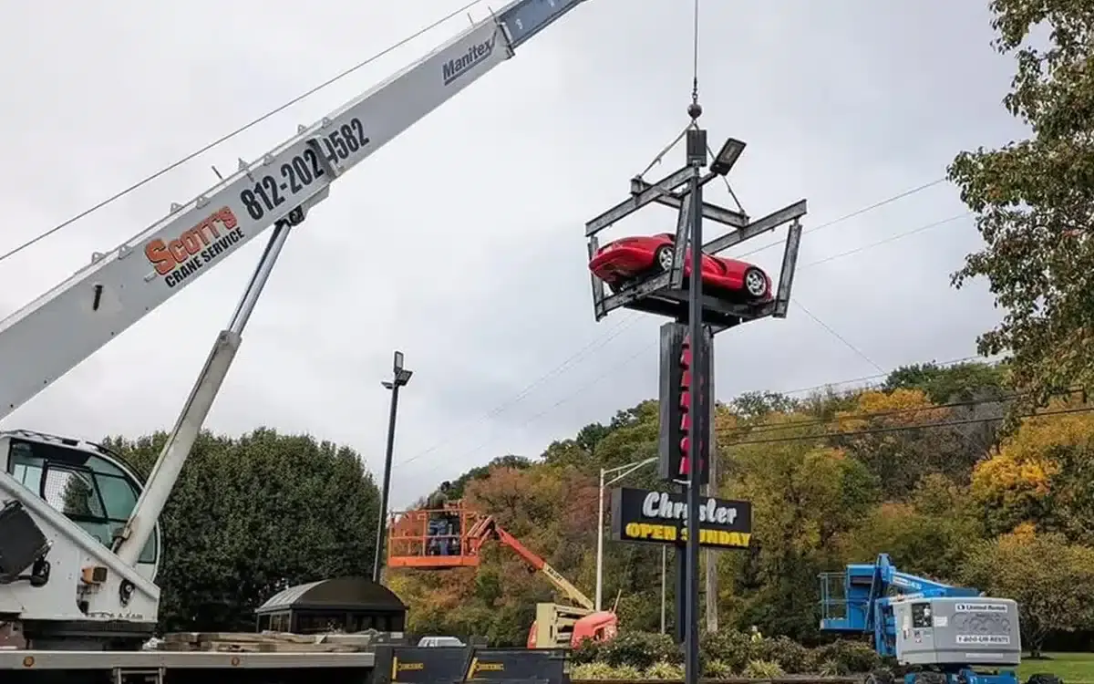 Dodge Viper brought down from Kentucky car dealership sign which ...