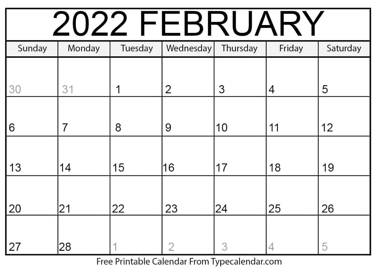 February 2022 Calendar Printable Free